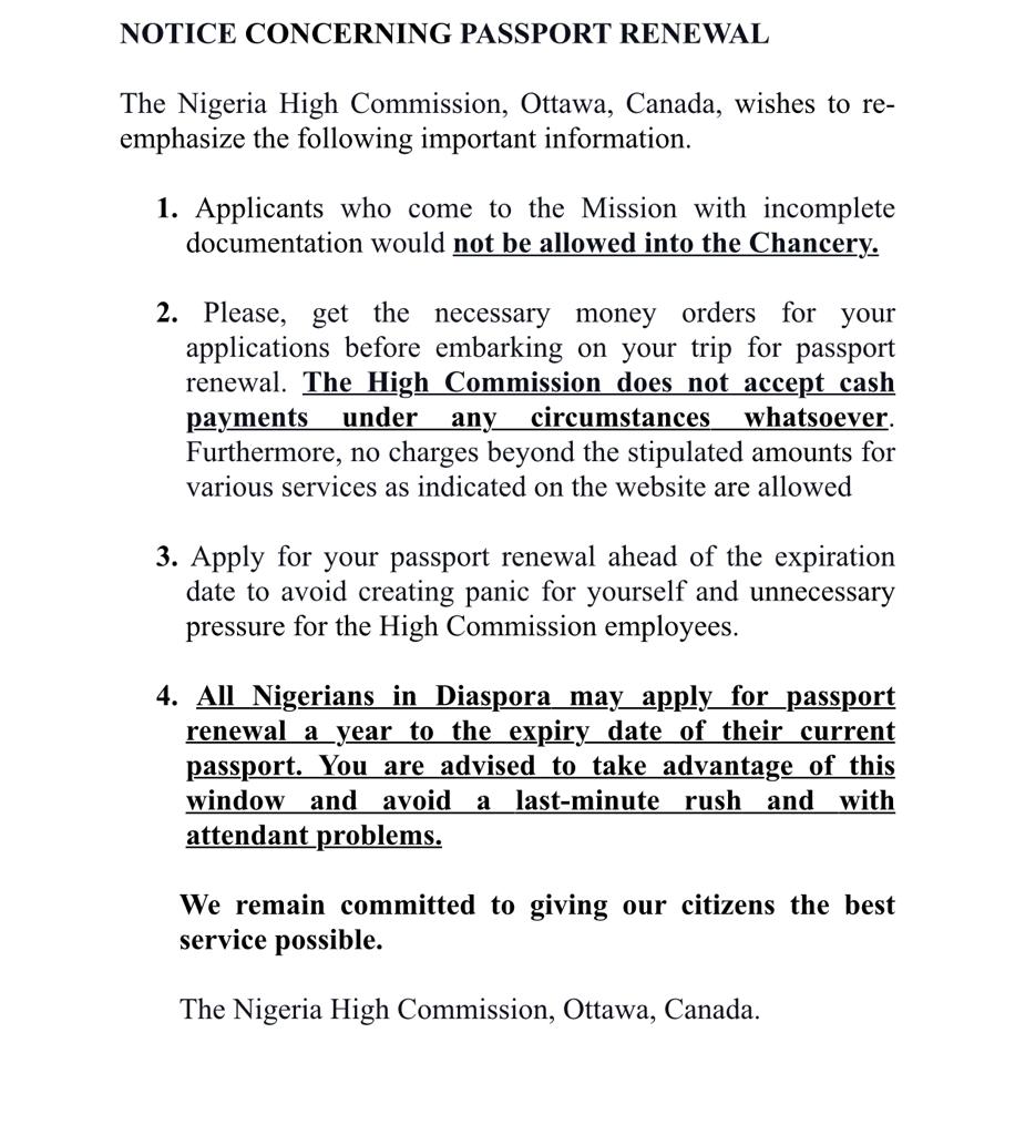 NOTICE CONCERNING PASSPORT RENEWAL The Nigeria High Commission Ottawa
